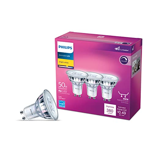 Philips LED MR16,Dimmable, Flicker-Free, Eye Comfort Technology, 380 Lumen, Bright White (5000), 4W=50W, T20 Certified, 3PK