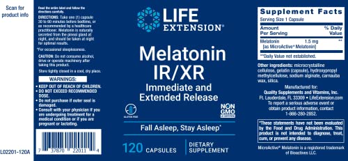 Life Extension Melatonin IR/XR 120 Capsules - Immediate & 7 Hour Extended-Release - Night Time Supplement - Supports Staying Asleep - Non-GMO, Gluten-Free