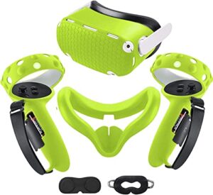 compatible with oculus quest 2 accessories, silicone face cover, vr shell cover, touch controller lengthening grip cover with battery opening adjustable with knuckle straps green