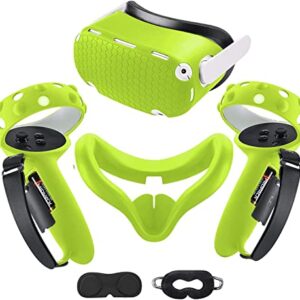 Compatible with Oculus Quest 2 Accessories, Silicone Face Cover, VR Shell Cover, Touch Controller Lengthening Grip Cover with Battery Opening Adjustable with Knuckle Straps Green