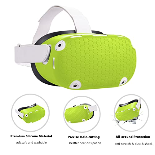 Compatible with Oculus Quest 2 Accessories, Silicone Face Cover, VR Shell Cover, Touch Controller Lengthening Grip Cover with Battery Opening Adjustable with Knuckle Straps Green