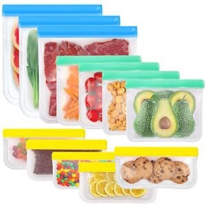 12 pack reusable ziplock bags silicone, bpa free reusable freezer bags, leak-proof reusable food storage bags for lunch juice milk meat fruit veggies (3 gallon & 4 sandwich & 5 sandwich bags)