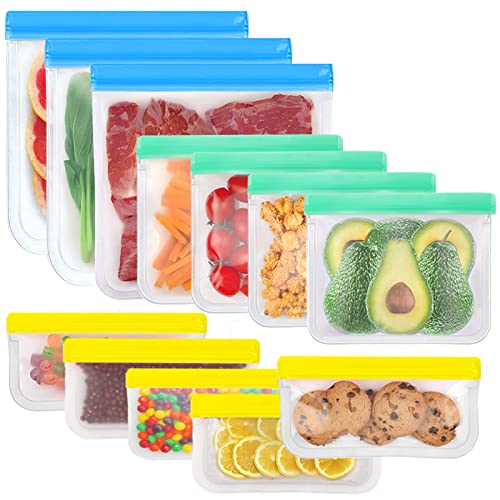 12 Pack Reusable Ziplock Bags Silicone, BPA Free Reusable Freezer Bags, Leak-proof Reusable Food Storage Bags for Lunch Juice Milk Meat Fruit Veggies (3 Gallon & 4 Sandwich & 5 Sandwich Bags)