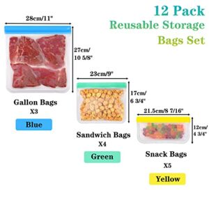 12 Pack Reusable Ziplock Bags Silicone, BPA Free Reusable Freezer Bags, Leak-proof Reusable Food Storage Bags for Lunch Juice Milk Meat Fruit Veggies (3 Gallon & 4 Sandwich & 5 Sandwich Bags)