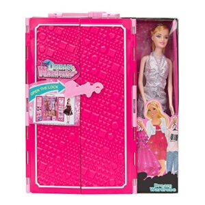 Doll Closet Wardrobe with 11.5” Fashion Doll and and Doll Accessories, Including 4 Dresses, 3 Pairs of High Heel Shoes, Tote Bag and Doll's Hair Clips, Gift for Girls for Christmas and Birthday