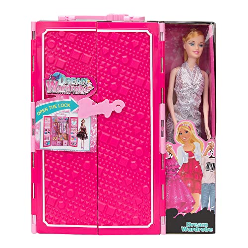 Doll Closet Wardrobe with 11.5” Fashion Doll and and Doll Accessories, Including 4 Dresses, 3 Pairs of High Heel Shoes, Tote Bag and Doll's Hair Clips, Gift for Girls for Christmas and Birthday