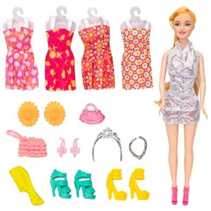 Doll Closet Wardrobe with 11.5” Fashion Doll and and Doll Accessories, Including 4 Dresses, 3 Pairs of High Heel Shoes, Tote Bag and Doll's Hair Clips, Gift for Girls for Christmas and Birthday