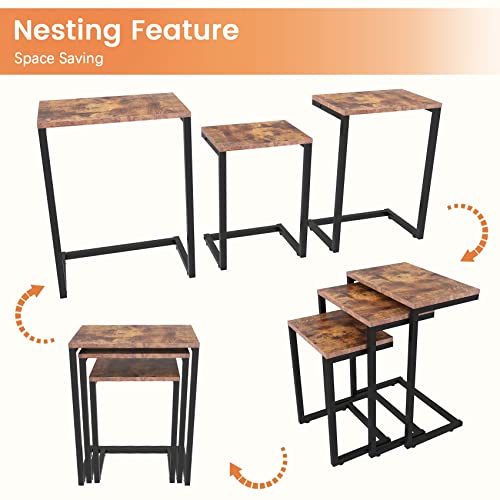 Gdvsclr Nesting Tables Set of 3, End Table with Adjustable Height, C Shaped End Table for Sofa Couch Bed, Nesting Side Tables for Living Room Bedroom, Rustic Brown