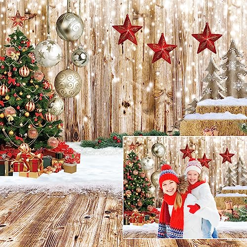 CHAIYA 8X8FT Christmas Backdrop Wood Floor Backdrop Winter Snow Xmas Tree Gift Christmas Family Party Background New Year Party Decoration Backdrop CY243