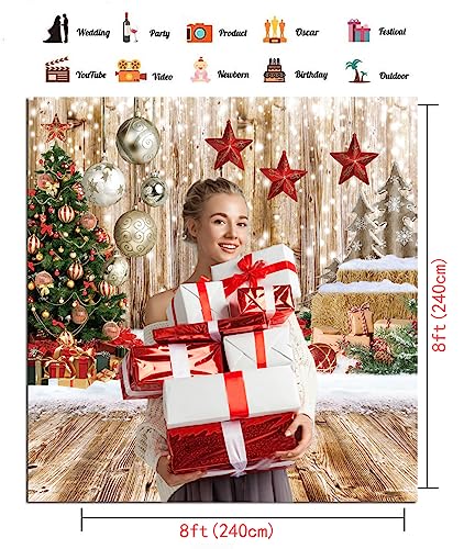 CHAIYA 8X8FT Christmas Backdrop Wood Floor Backdrop Winter Snow Xmas Tree Gift Christmas Family Party Background New Year Party Decoration Backdrop CY243