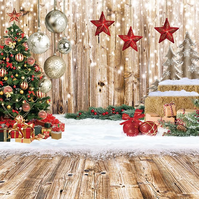 CHAIYA 8X8FT Christmas Backdrop Wood Floor Backdrop Winter Snow Xmas Tree Gift Christmas Family Party Background New Year Party Decoration Backdrop CY243