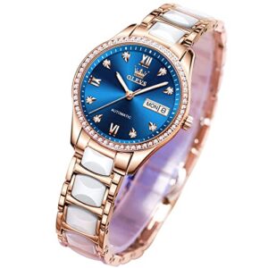 olevs blue self winding womens watches waterproof rose gold stainless steel watches for womens ceramics mechanical wrist watch luxury diamonds automatic watch dress women