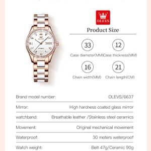 OLEVS Blue Self Winding Womens Watches Waterproof Rose Gold Stainless Steel Watches for Womens Ceramics Mechanical Wrist Watch Luxury Diamonds Automatic Watch Dress Women