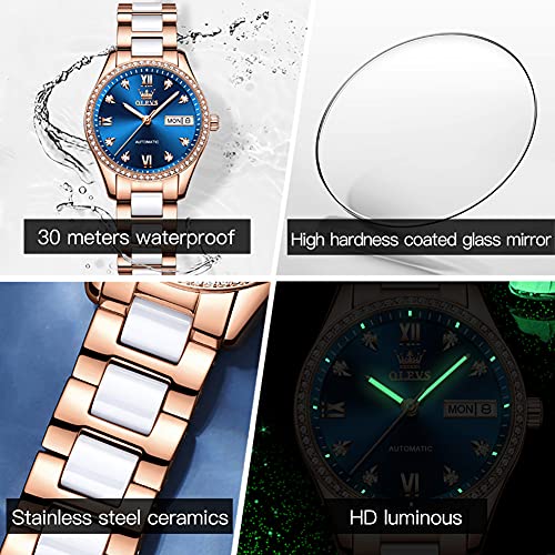 OLEVS Blue Self Winding Womens Watches Waterproof Rose Gold Stainless Steel Watches for Womens Ceramics Mechanical Wrist Watch Luxury Diamonds Automatic Watch Dress Women