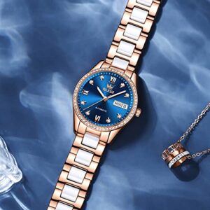 OLEVS Blue Self Winding Womens Watches Waterproof Rose Gold Stainless Steel Watches for Womens Ceramics Mechanical Wrist Watch Luxury Diamonds Automatic Watch Dress Women