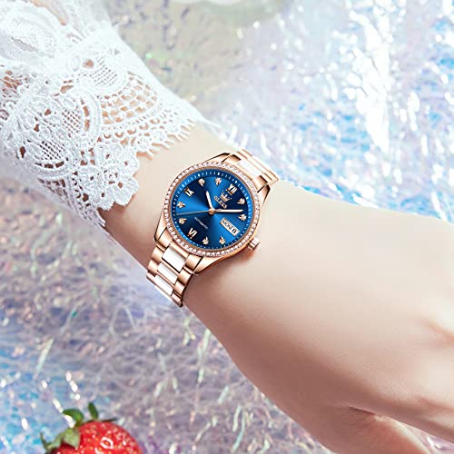 OLEVS Blue Self Winding Womens Watches Waterproof Rose Gold Stainless Steel Watches for Womens Ceramics Mechanical Wrist Watch Luxury Diamonds Automatic Watch Dress Women