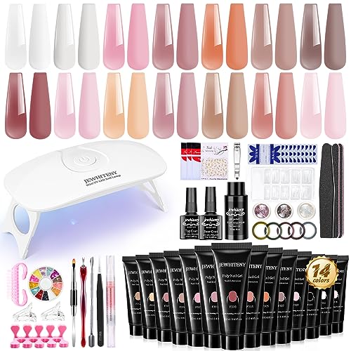 JEWHITENY Poly Extension Gel Nail Kit 14 PCS Poly Gel With Mini Nail Lamp Poly Nail Gel Kit with Slip Solution Basic Poly Gel Nail Art Tools Nail Art Design Beginner Kit