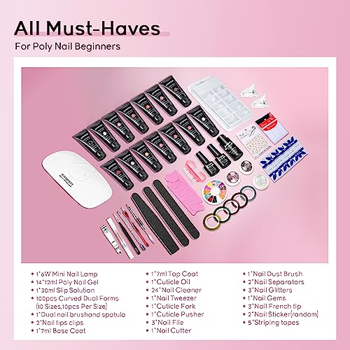 JEWHITENY Poly Extension Gel Nail Kit 14 PCS Poly Gel With Mini Nail Lamp Poly Nail Gel Kit with Slip Solution Basic Poly Gel Nail Art Tools Nail Art Design Beginner Kit