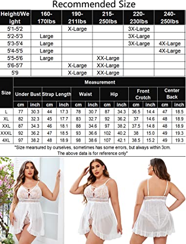 Avidlove Plus Size Lingerie Women Lace Mesh Babydoll Sexy Chemise Curvy Women V Neck Ruffle Nighty(White,XXL)