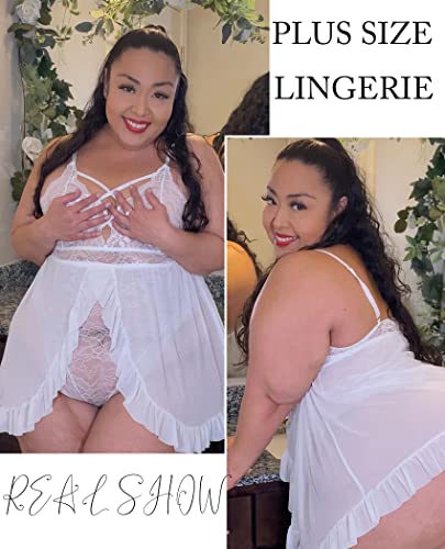 Avidlove Plus Size Lingerie Women Lace Mesh Babydoll Sexy Chemise Curvy Women V Neck Ruffle Nighty(White,XXL)