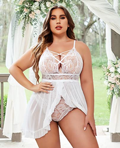 Avidlove Plus Size Lingerie Women Lace Mesh Babydoll Sexy Chemise Curvy Women V Neck Ruffle Nighty(White,XXL)