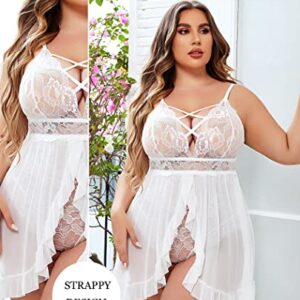 Avidlove Plus Size Lingerie Women Lace Mesh Babydoll Sexy Chemise Curvy Women V Neck Ruffle Nighty(White,XXL)