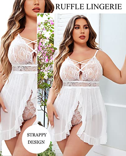 Avidlove Plus Size Lingerie Women Lace Mesh Babydoll Sexy Chemise Curvy Women V Neck Ruffle Nighty(White,XXL)