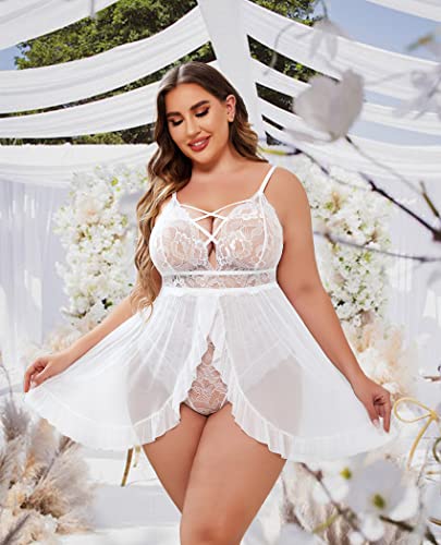 Avidlove Plus Size Lingerie Women Lace Mesh Babydoll Sexy Chemise Curvy Women V Neck Ruffle Nighty(White,XXL)