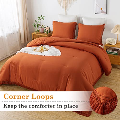 Andency Terracotta Comforter Set King, 3 Pieces Burnt Orange Boho Tassel Lightweight Bedding Comforter Sets, All Season Rust Soft Fluffy Fringe Bed Set (104x90In Comforter & 2 Pillowcases)