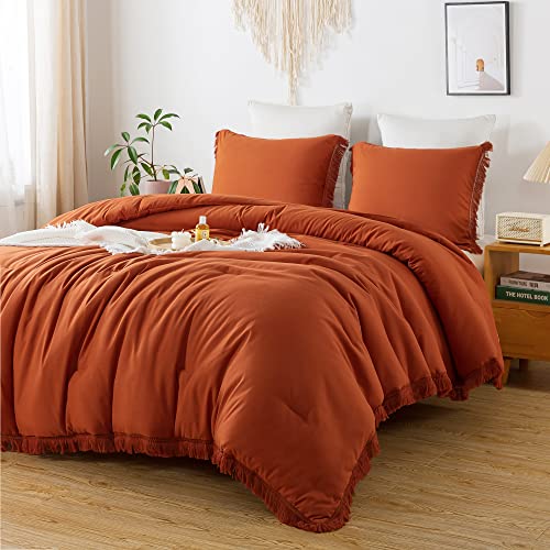 Andency Terracotta Comforter Set King, 3 Pieces Burnt Orange Boho Tassel Lightweight Bedding Comforter Sets, All Season Rust Soft Fluffy Fringe Bed Set (104x90In Comforter & 2 Pillowcases)