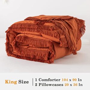 Andency Terracotta Comforter Set King, 3 Pieces Burnt Orange Boho Tassel Lightweight Bedding Comforter Sets, All Season Rust Soft Fluffy Fringe Bed Set (104x90In Comforter & 2 Pillowcases)