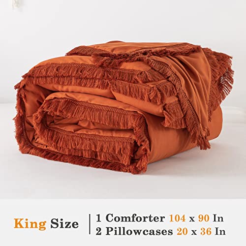 Andency Terracotta Comforter Set King, 3 Pieces Burnt Orange Boho Tassel Lightweight Bedding Comforter Sets, All Season Rust Soft Fluffy Fringe Bed Set (104x90In Comforter & 2 Pillowcases)