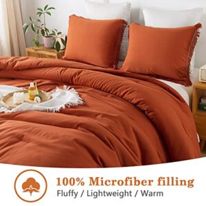 Andency Terracotta Comforter Set King, 3 Pieces Burnt Orange Boho Tassel Lightweight Bedding Comforter Sets, All Season Rust Soft Fluffy Fringe Bed Set (104x90In Comforter & 2 Pillowcases)