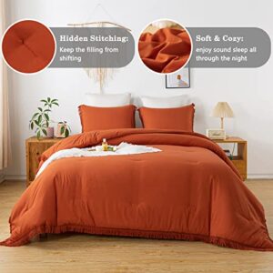 Andency Terracotta Comforter Set King, 3 Pieces Burnt Orange Boho Tassel Lightweight Bedding Comforter Sets, All Season Rust Soft Fluffy Fringe Bed Set (104x90In Comforter & 2 Pillowcases)