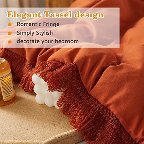 Andency Terracotta Comforter Set King, 3 Pieces Burnt Orange Boho Tassel Lightweight Bedding Comforter Sets, All Season Rust Soft Fluffy Fringe Bed Set (104x90In Comforter & 2 Pillowcases)