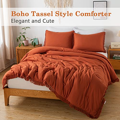 Andency Terracotta Comforter Set King, 3 Pieces Burnt Orange Boho Tassel Lightweight Bedding Comforter Sets, All Season Rust Soft Fluffy Fringe Bed Set (104x90In Comforter & 2 Pillowcases)