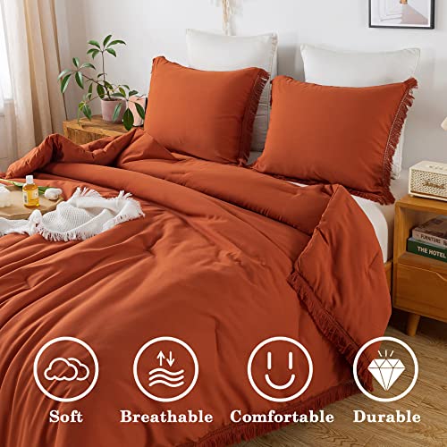 Andency Terracotta Comforter Set King, 3 Pieces Burnt Orange Boho Tassel Lightweight Bedding Comforter Sets, All Season Rust Soft Fluffy Fringe Bed Set (104x90In Comforter & 2 Pillowcases)