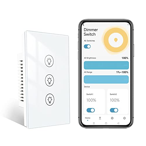 MoesGo 3 Gang Smart Dimmer Switch, Independently Control 3 Lights, Single Pole, Neutral Wire Needed, Smart Light Switch for Dimmable LED/CFL/INC Bulbs, Work with Alexa/Google Home, White