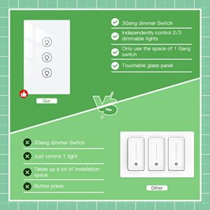 MoesGo 3 Gang Smart Dimmer Switch, Independently Control 3 Lights, Single Pole, Neutral Wire Needed, Smart Light Switch for Dimmable LED/CFL/INC Bulbs, Work with Alexa/Google Home, White