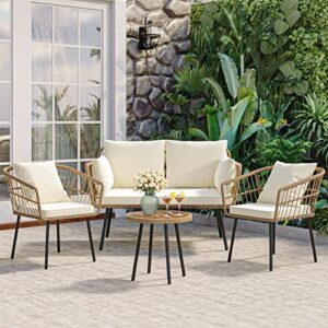 yitahome 4 pieces patio furniture set, wicker balcony bistro set, outdoor all-weather rattan conversation set with loveseat chairs table soft cushions for backyard, pool, deck, garden - beige