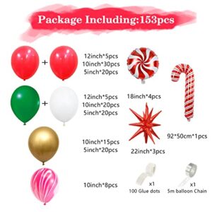 Beliueyes Christmas Balloon Garland Arch Kit 153pcs Doubled Stuffed Red Green Gold Balloons Party Decorations for Xmas Snow Kids Birthday New Year Decor