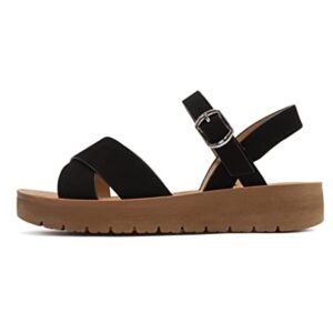 Soda Shoes Women Flat Sandals Flatform Ankle Buckle Criss Cross Band Straps Chester-S Black 9