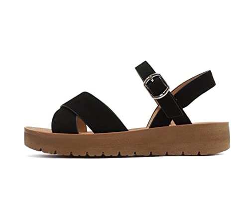 Soda Shoes Women Flat Sandals Flatform Ankle Buckle Criss Cross Band Straps Chester-S Black 9