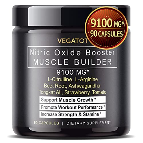 VEGATOT 11 in 1 Muscle Builder 9,100MG Nitric Oxide Supplement with L-Arginine L-Citrulline Beet Root Ashwagandha Tongkat Ali Strawberry- Increase Stamina Strength (90 Count (Pack of 1))