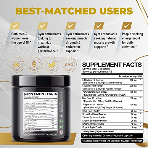 VEGATOT 11 in 1 Muscle Builder 9,100MG Nitric Oxide Supplement with L-Arginine L-Citrulline Beet Root Ashwagandha Tongkat Ali Strawberry- Increase Stamina Strength (90 Count (Pack of 1))