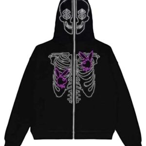 Pandolah Skeleton Hoodie Unisex Halloween Costumes Skull Gothic Zip up Y2K Fashion Jacket for Men Women(L,Purple)