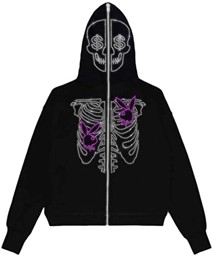 Pandolah Skeleton Hoodie Unisex Halloween Costumes Skull Gothic Zip up Y2K Fashion Jacket for Men Women(L,Purple)