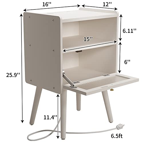 SOOWERY Mid Century Modern Nightstand with Charging Station, Bedside Tables with Glass Decorative Door, End Table Side Table with 2 Tiers Storage Space, for Bedroom, Living Room, White