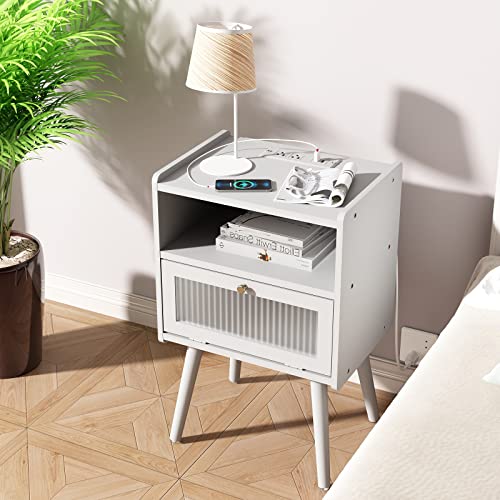 SOOWERY Mid Century Modern Nightstand with Charging Station, Bedside Tables with Glass Decorative Door, End Table Side Table with 2 Tiers Storage Space, for Bedroom, Living Room, White