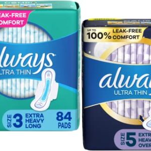 Always Ultra Thin Feminine Pads for Women Day/Night Bundle - Size 3, Extra Heavy Long Absorbency, 84 Count and Size 5, Extra Heavy Overnight Absorbency, 92ct (176 Total Pads)